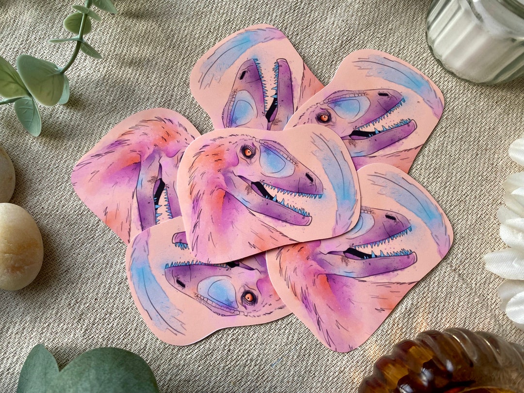 Deinonychus Dino Sticker Watercolour Art, Pink Dinosaur Design ...