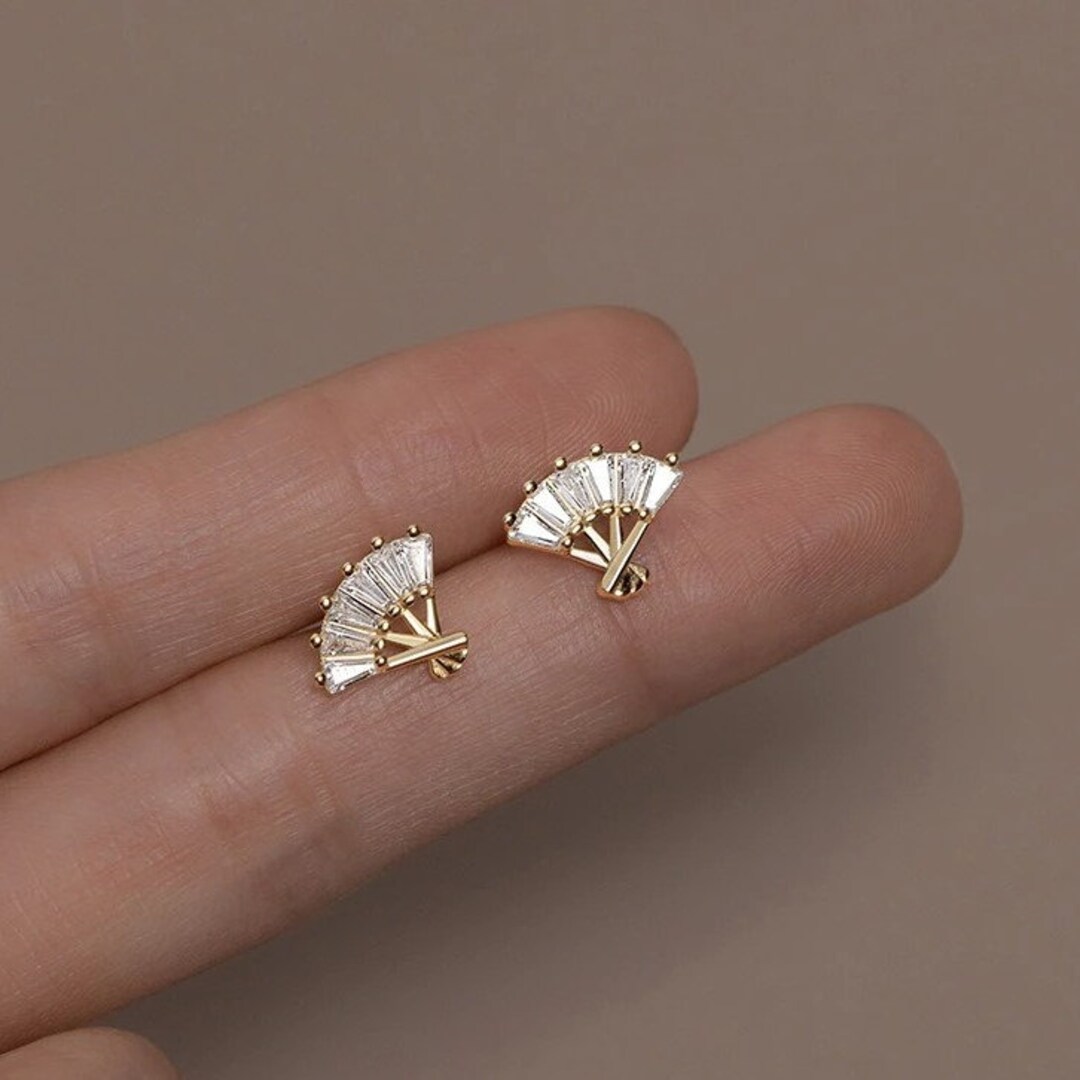Crystal Fan Earrings, Gold Vermeil Chinese Fan Stud Earrings, Gift for ...