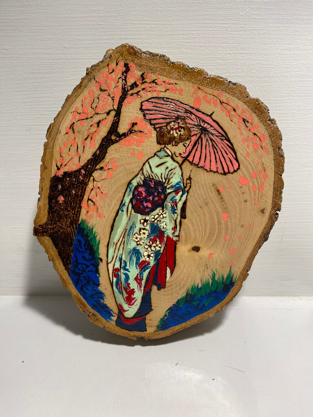 Handmade Sakura Tree and Japanese Girl Painting on Wood Slice, Acrylic ...