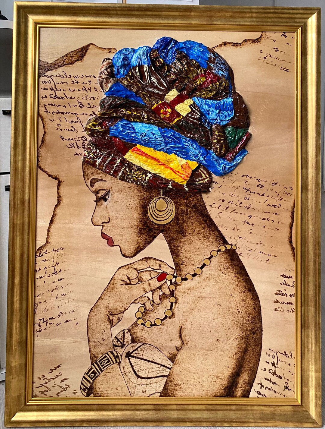 Handmade Pyrography African Woman Portrait on Wood Relief Acrylic ...