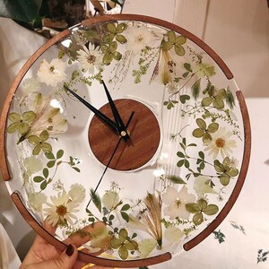 Floral Resin Wooden Clock, Unique Wall Clock With Pressed Flowers, Wood ...