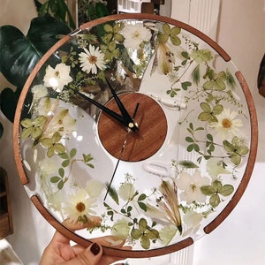Floral Resin Wooden Clock, Unique Wall Clock With Pressed Flowers, Wood ...