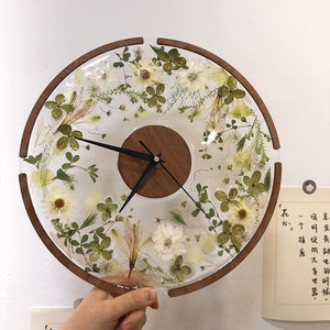 Floral Resin Wooden Clock, Unique Wall Clock With Pressed Flowers, Wood ...