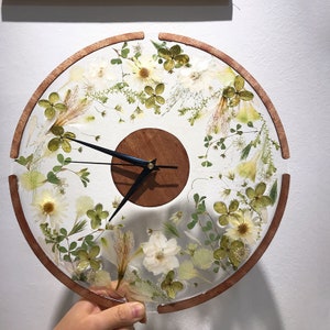 Floral Resin Wooden Clock, Unique Wall Clock With Pressed Flowers, Wood ...