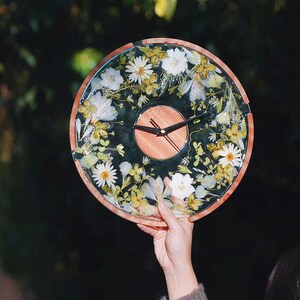 Floral Resin Wooden Clock, Unique Wall Clock With Pressed Flowers, Wood ...