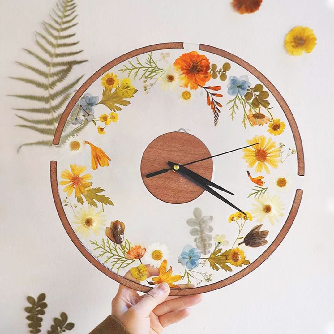 Floral Resin Wooden Clock, Unique Wall Clock With Pressed Flowers, Wood ...