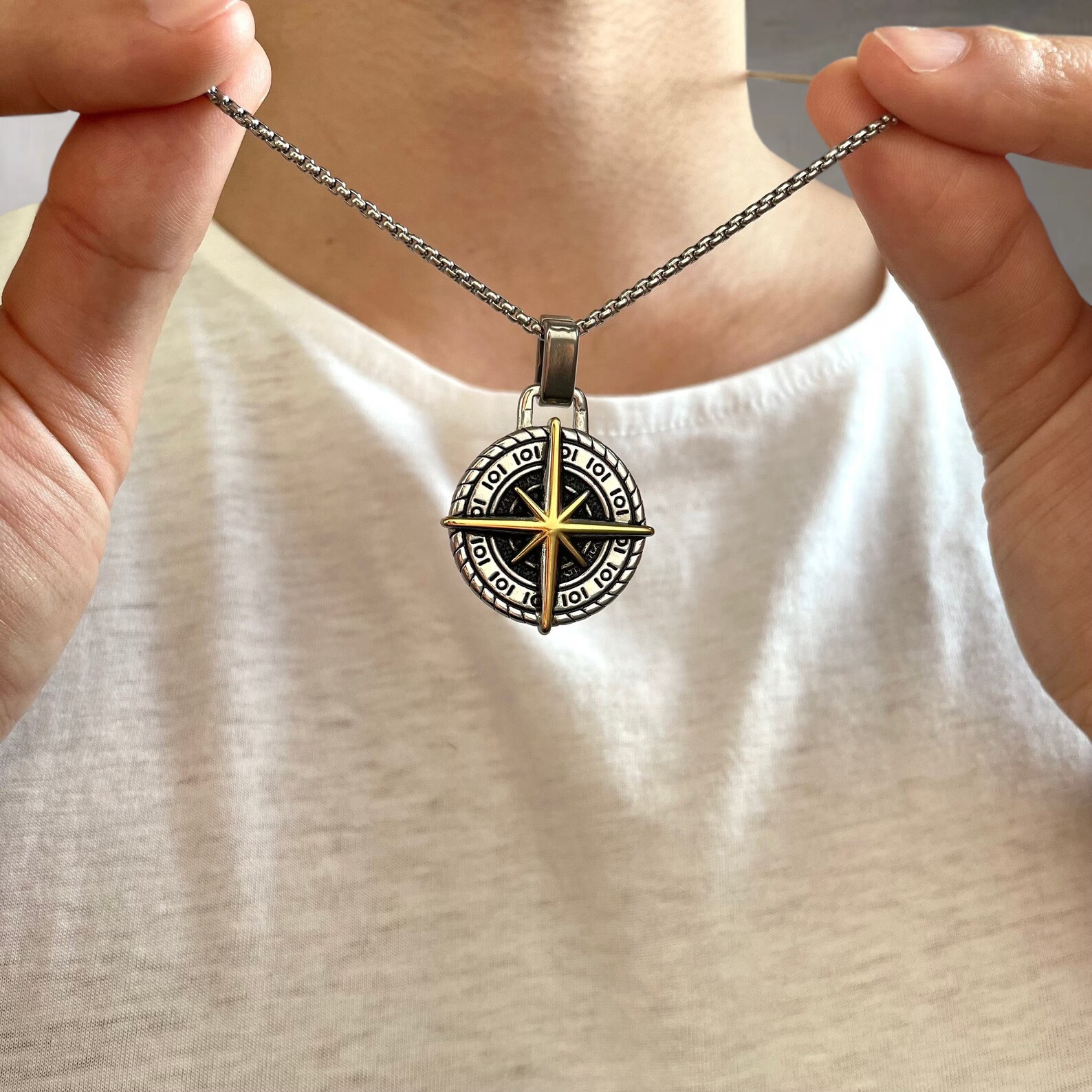 North Star Mens Necklace • Silver Compass Pendant • Mens Necklace ...