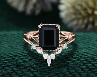 Emerald Cut Black Onyx Engagement Ring Set CZ Diamond Cluster - Etsy
