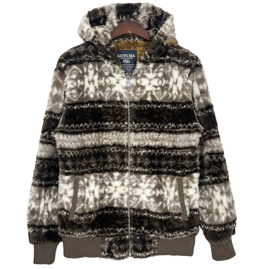 Gotcha Embroidery Logo Winter Fleece Hoodie Jacket Brown Stripes Size ...