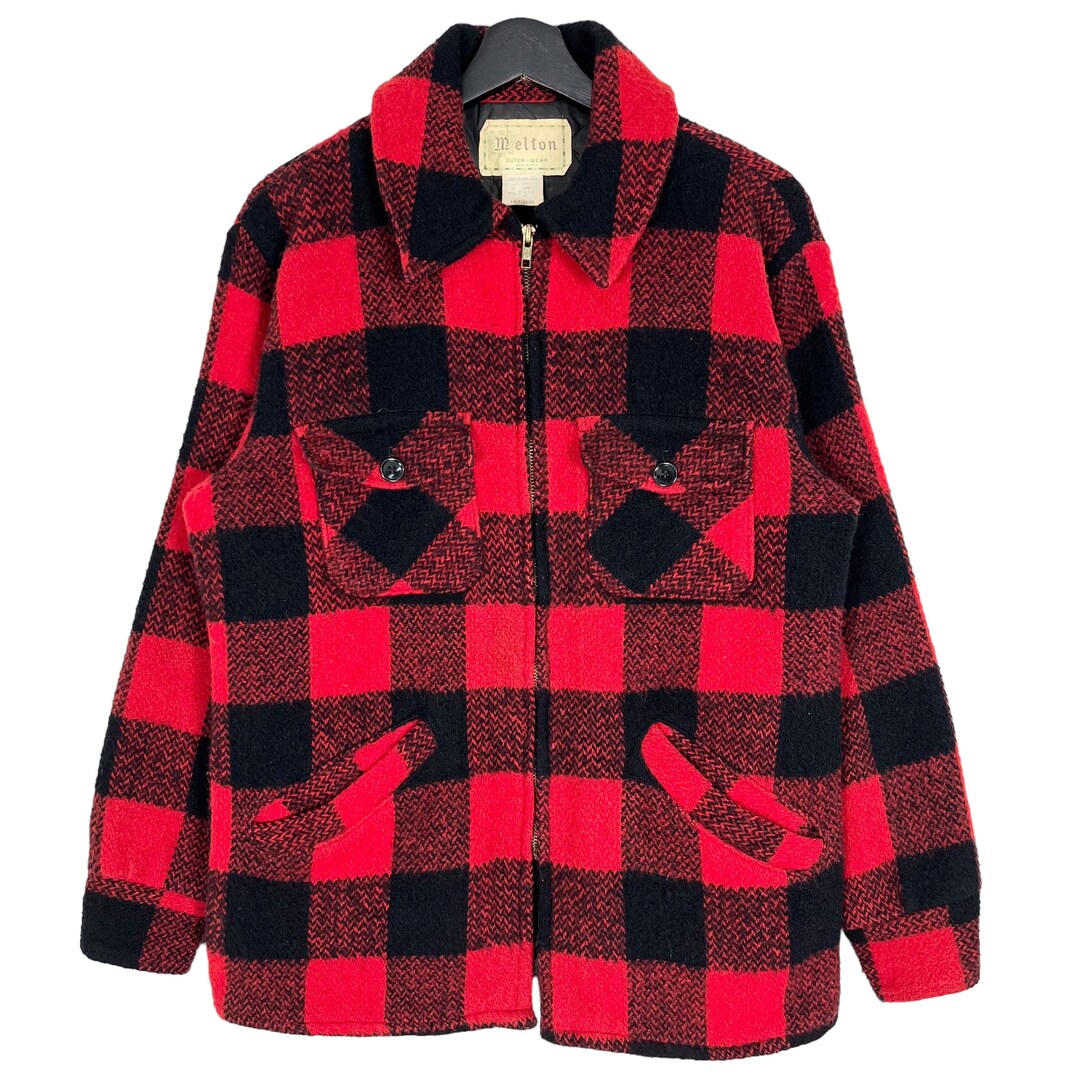 Vintage 90s Melton Wool Winter Flannel Jacket Checkered Red Black Size ...