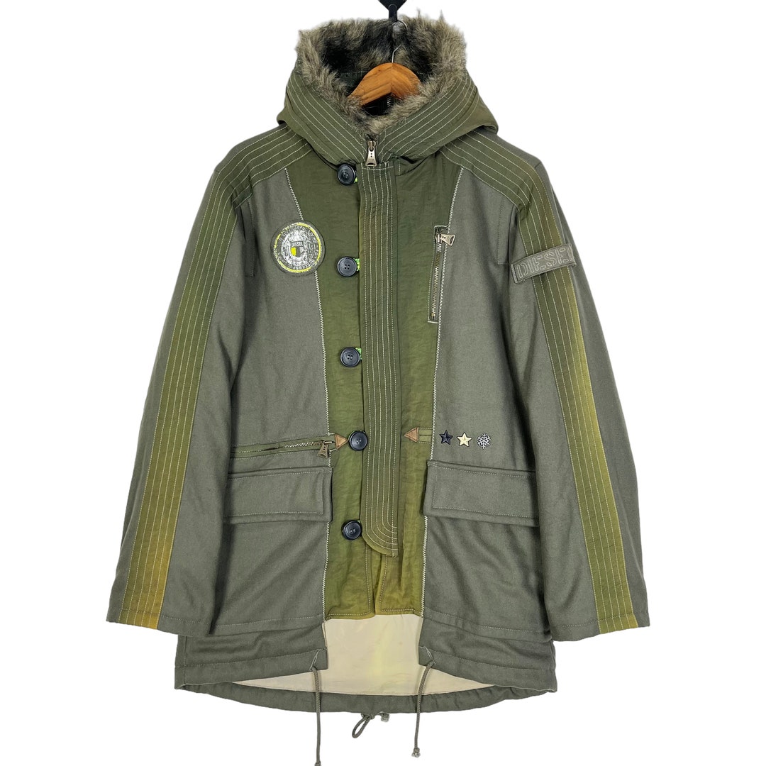 Diesel Winter Outdoor Military Furs Hoodie Zipper Jacket Green Size ...