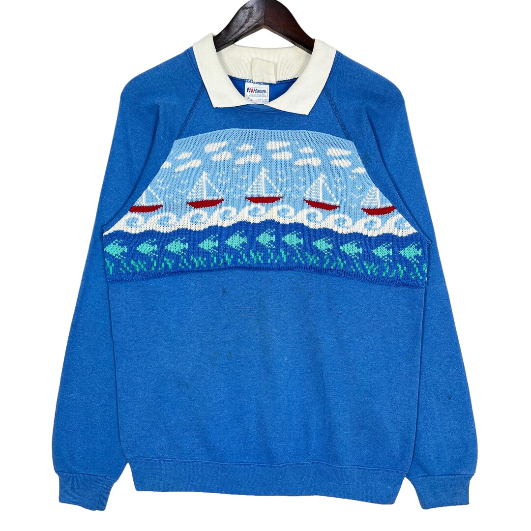 Vintage 90’s Hanes Knit Sailboat Collar Sweatshirt Blue Size Small Made ...