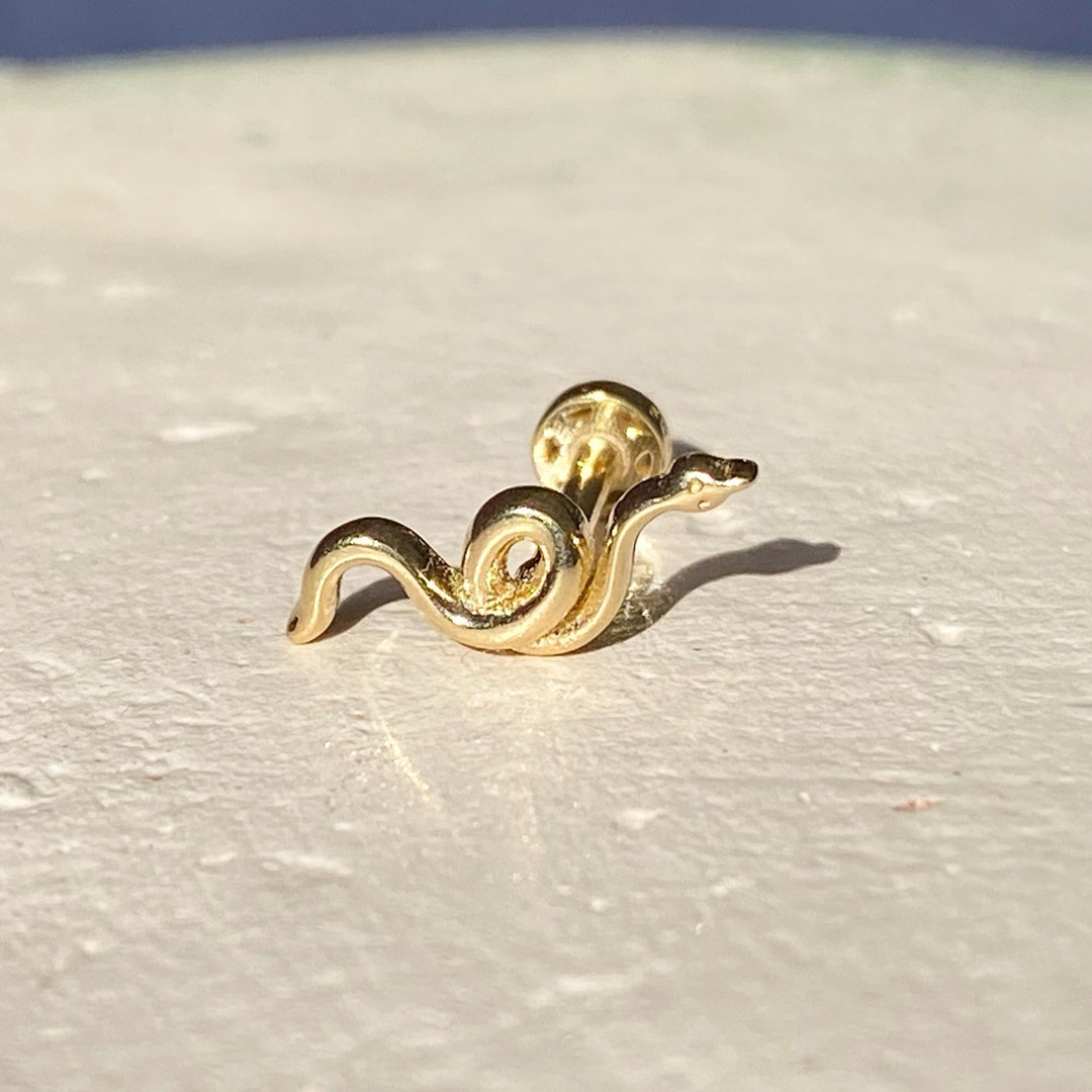 SNAKE CARTILAGE EARRING - 14K Real Gold Snake Flat Back Stud Cartilage ...