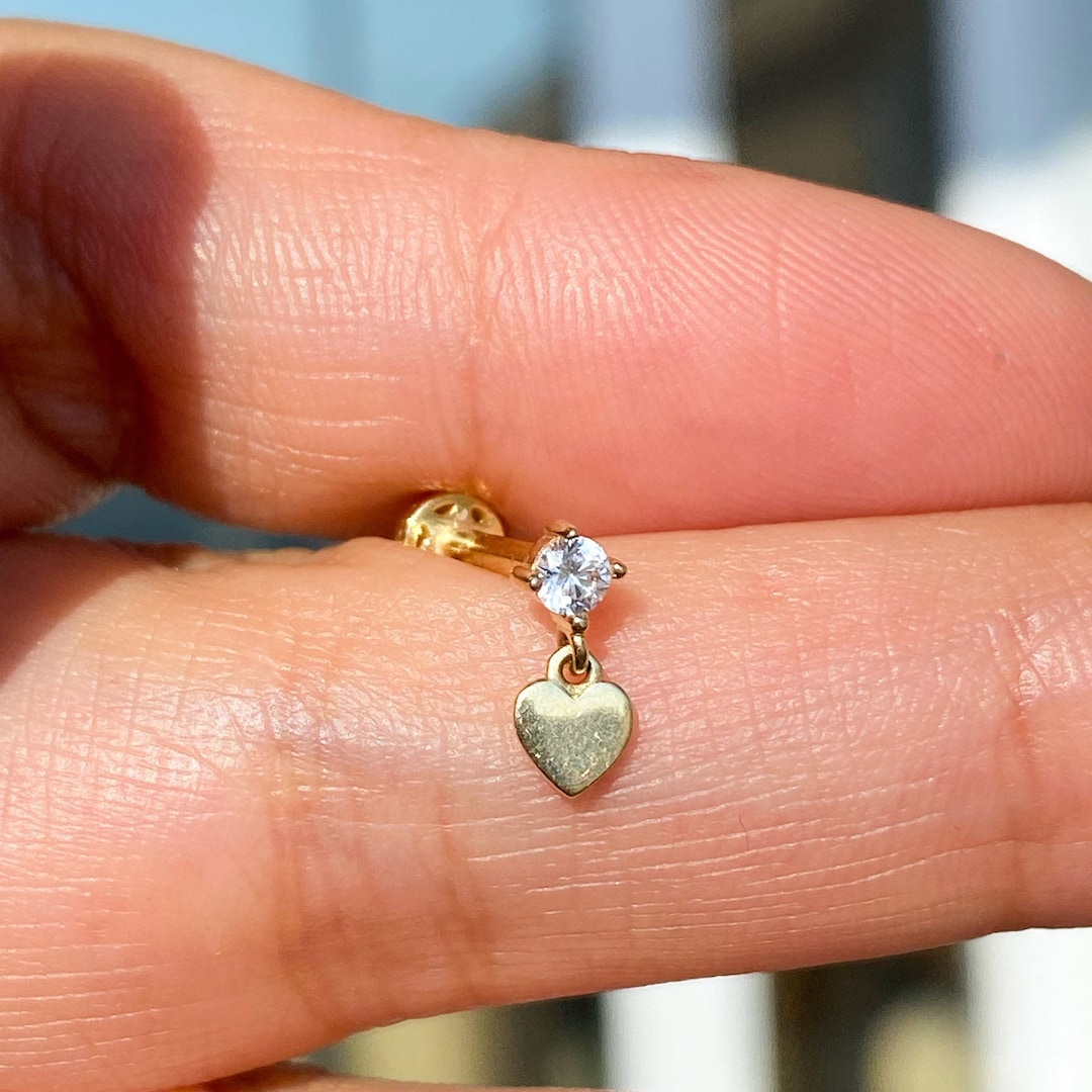 Prong Set Diamond (CZ) Heart Dangle Piercing, 14K Real Gold Heart ...