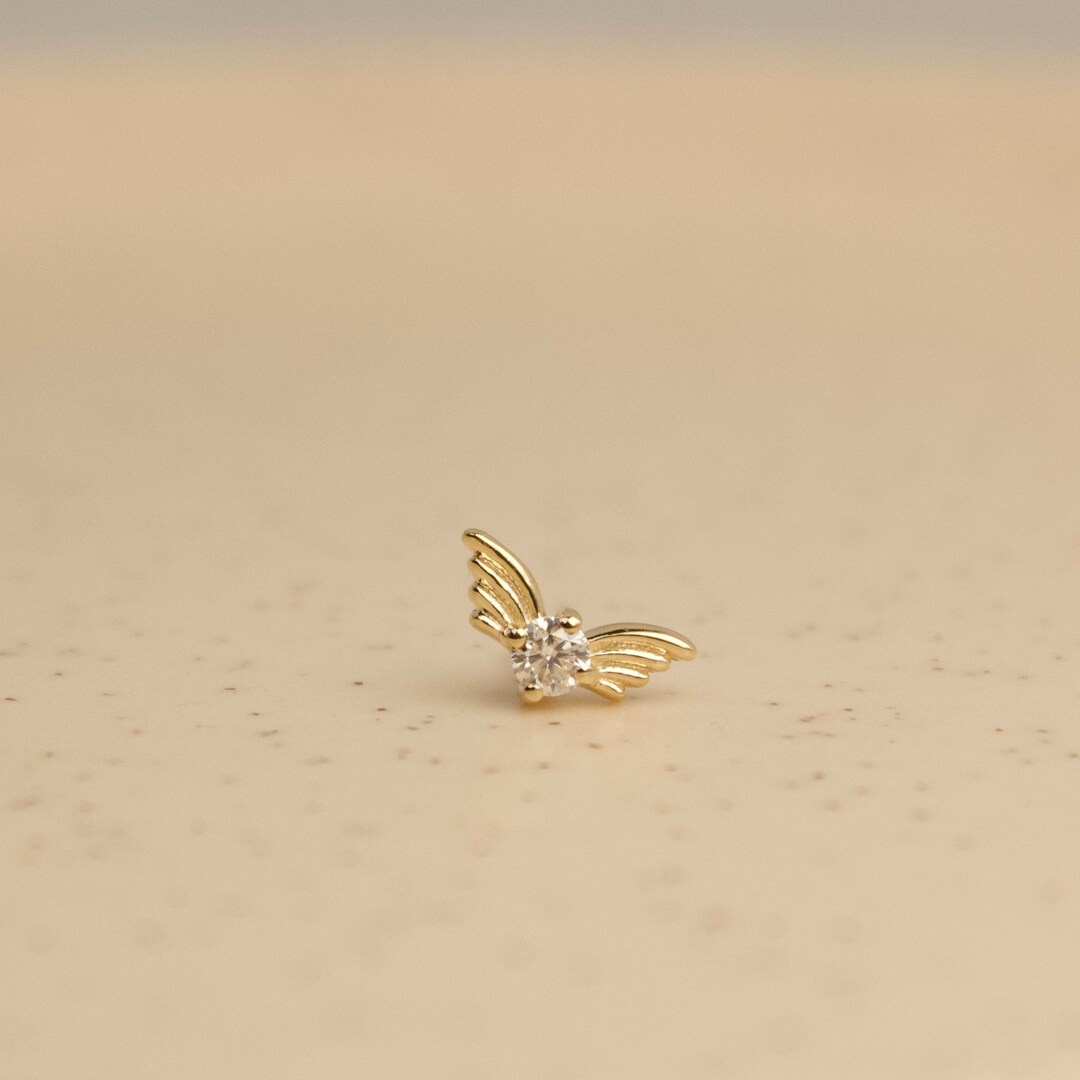 Moissanite 14K Real Gold Angel Wings Stud Piercing, Tragus Piercing ...