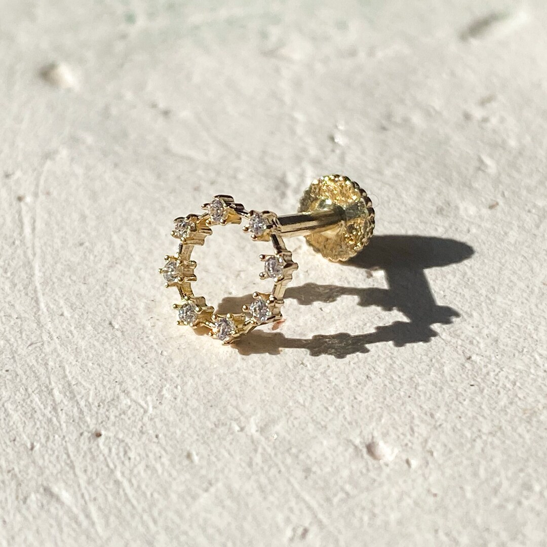OPEN CIRCLE Earring 14K Real Gold Circle Flat Back Cartilage Piercing ...
