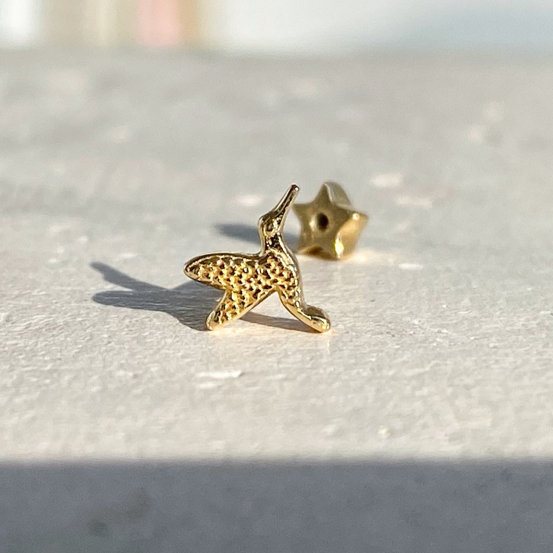 Buy Humming Bird Piercing 14 K Real Gold Stud Earring, Minimalist ...