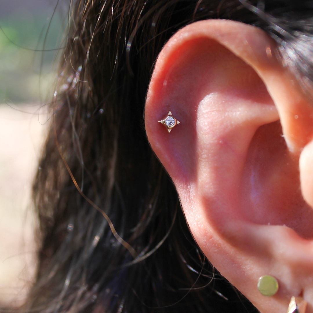 Spike Solitaire Stud Piercing-14k Real Gold Cartilage Piercing, Flat ...