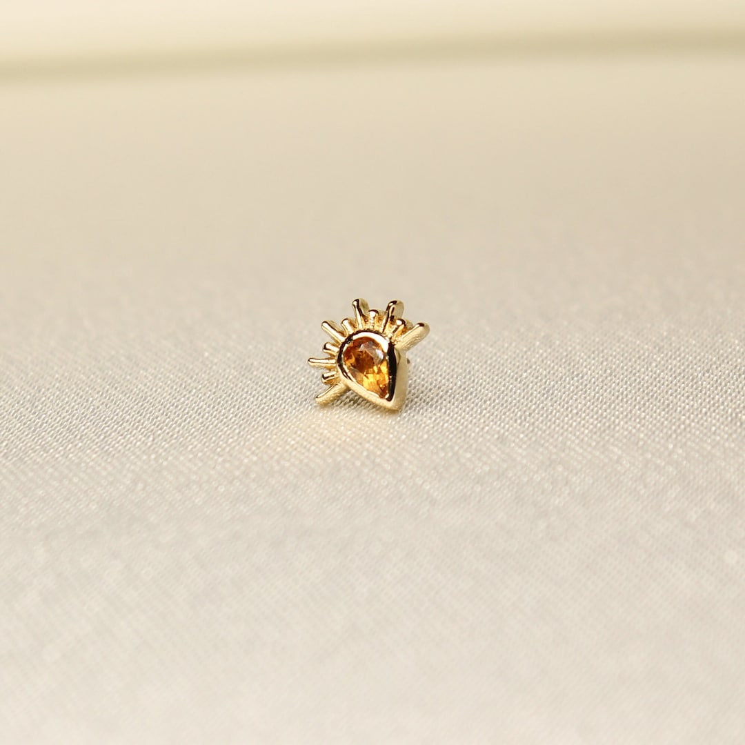 Citrine 14K Solid Gold Stud Flat Back Piercing, Internal Threaded Screw ...