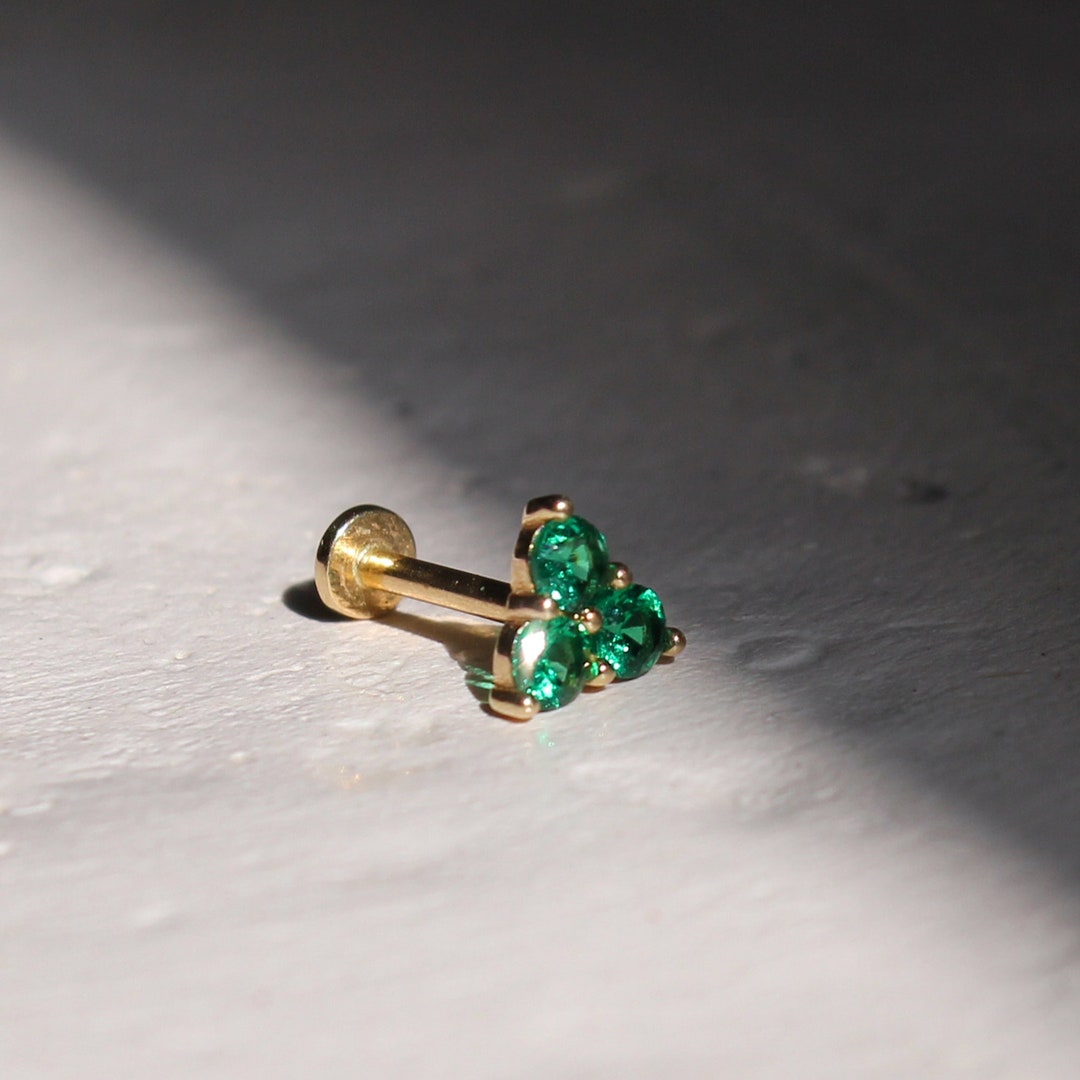 Emerald CZ Prong Stud Piercing 14K Real Gold Flat Back Piercing ...