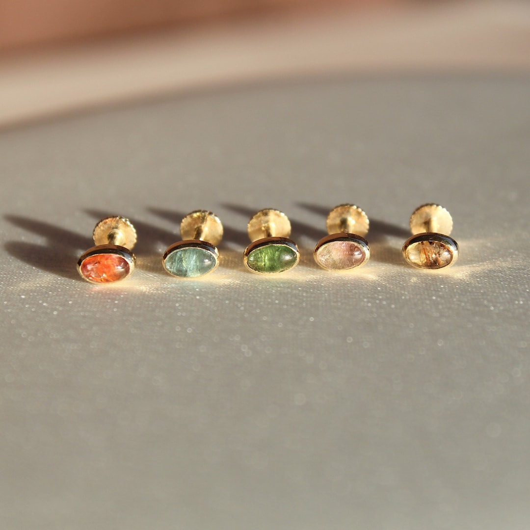 Real Tourmaline Stud Flat Back Piercing, 14 Karat Gold Gemstone Tragus ...
