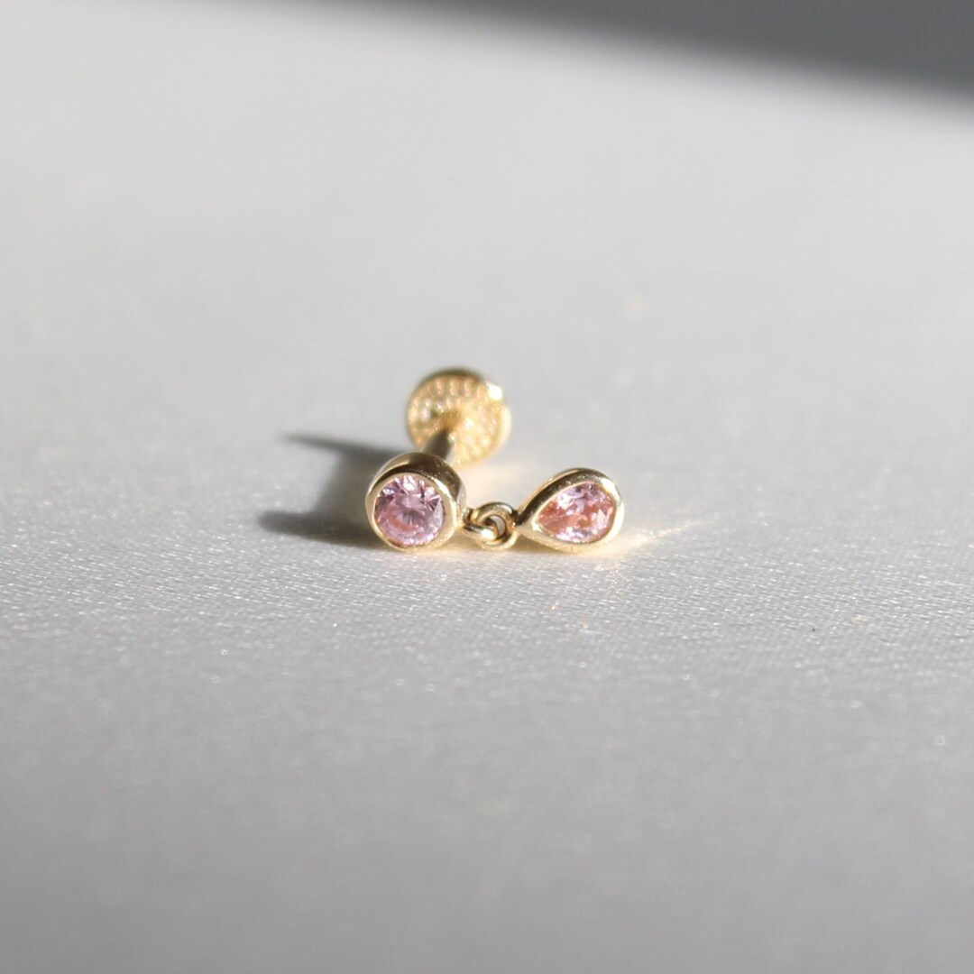 14K Gold Pink CZ Dangle Cartilage Earring, Helix Tragus Piercing - Etsy