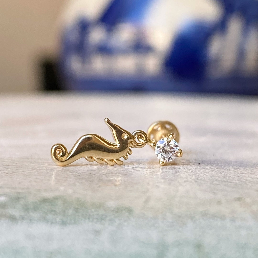 Seahorse Dangle Piercing, 14K Real Gold Dangle Cartilage Piercing, Flat ...