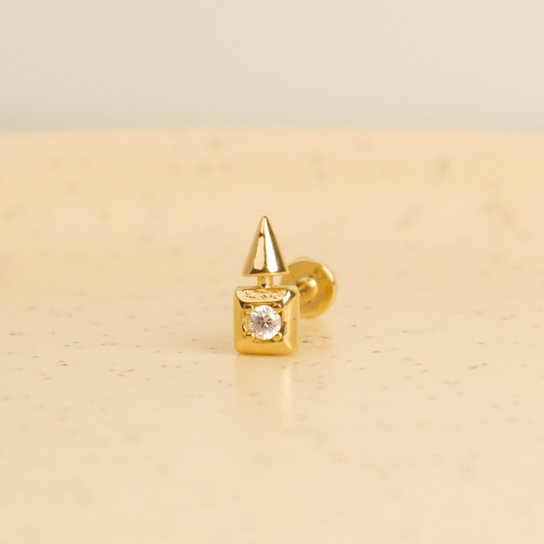 14K Solid Gold Square Spike Cartilage Earring, Cubic Zirconia Flat Back ...