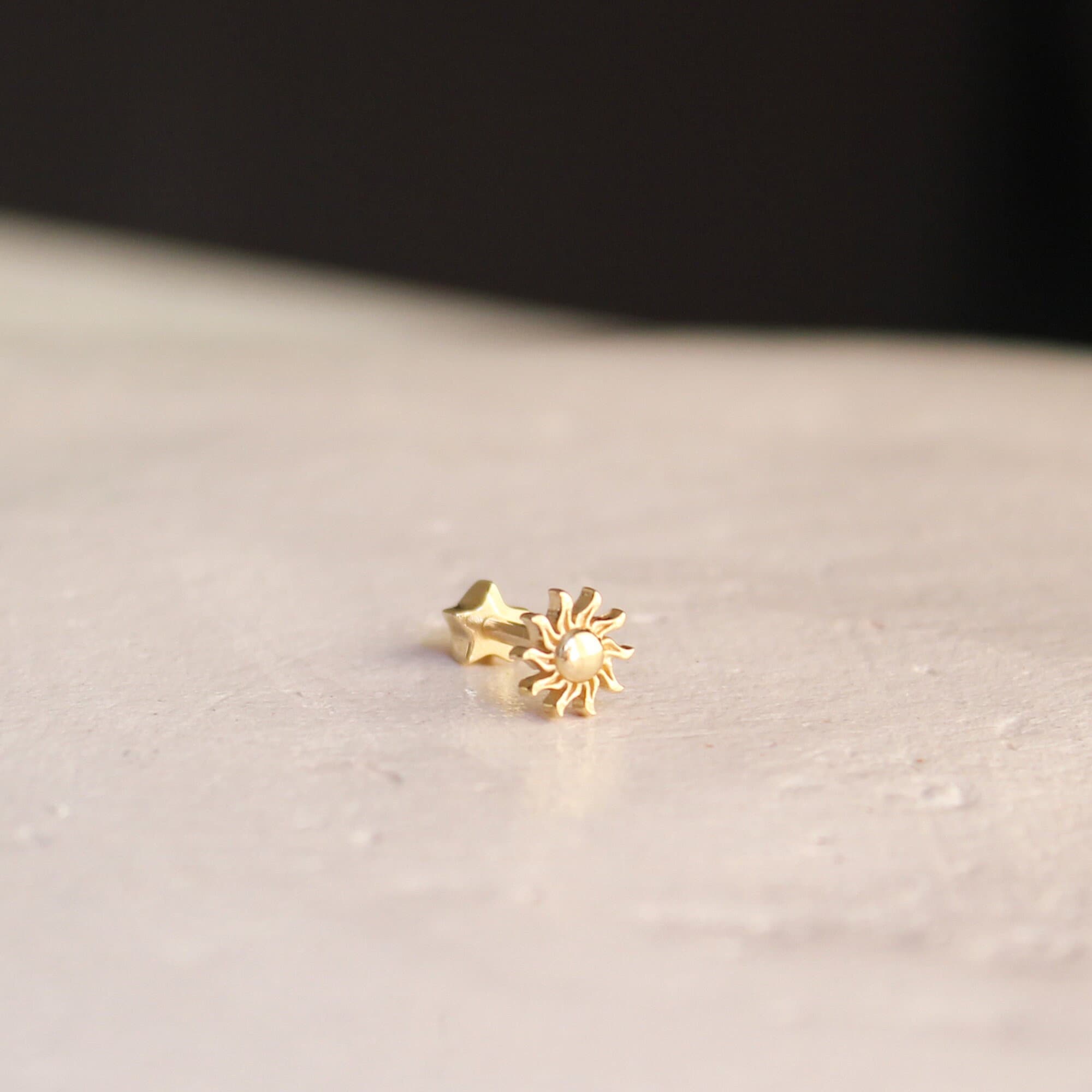14K Gold Egyptian Sun Piercing – Handcrafted Cartilage Flat Back ...