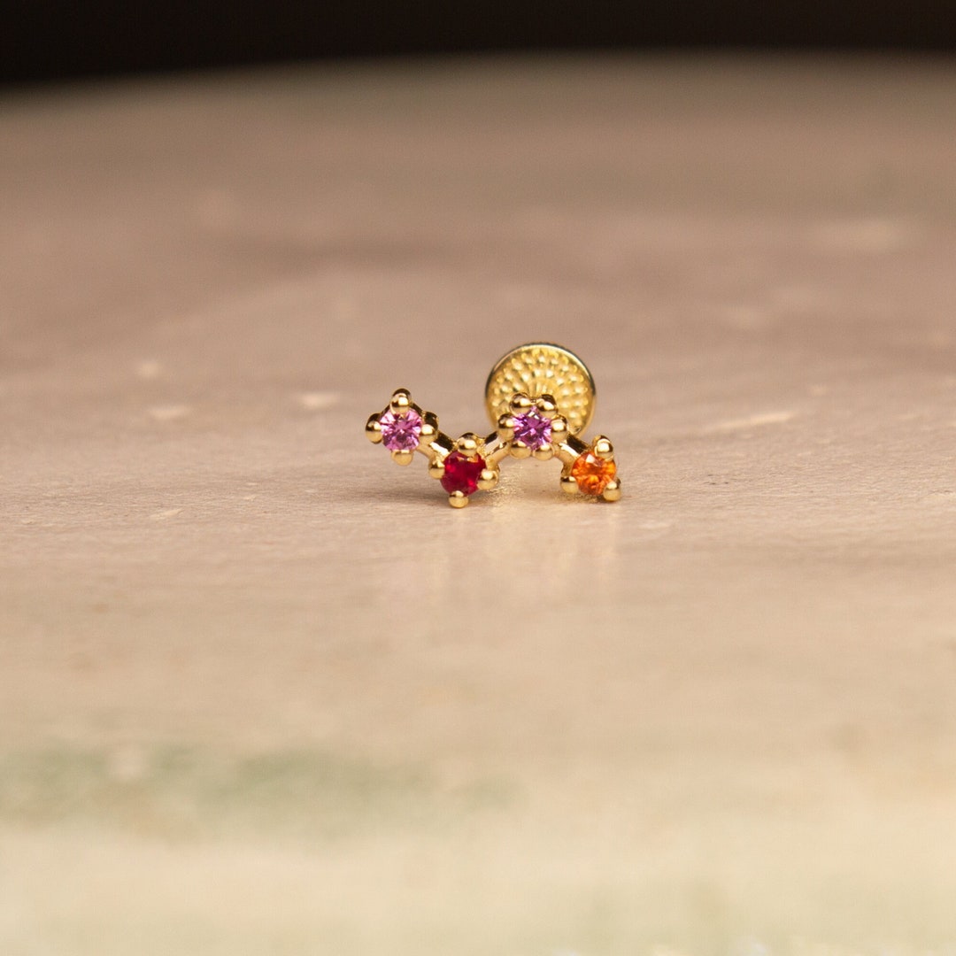 14K Gold Pink Sapphire Ruby Helix Earring, Flat Back Cartilage Piercing ...