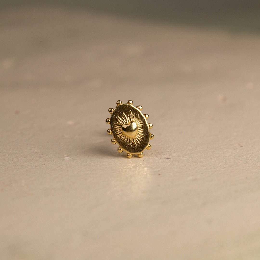 14K Solid Gold Flaming Heart Stud Earring, Flat Back Tragus Piercing ...