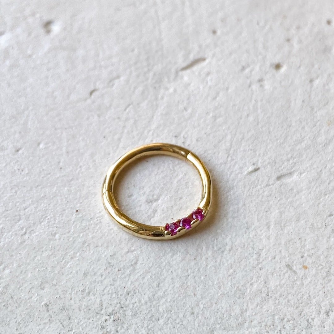 Ruby (CZ) Pave Setting Hoop Piercing - 14K Real Gold Hinge Hoop ...
