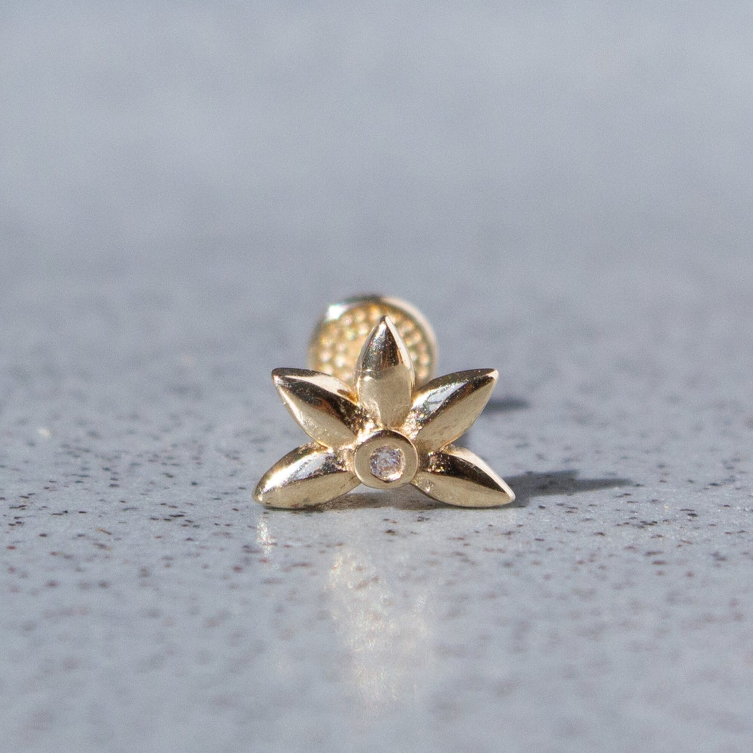 NYMPHAEA GOLD PIERCING - 14K Real Gold Stud Ear Piercing, Screw Flat ...