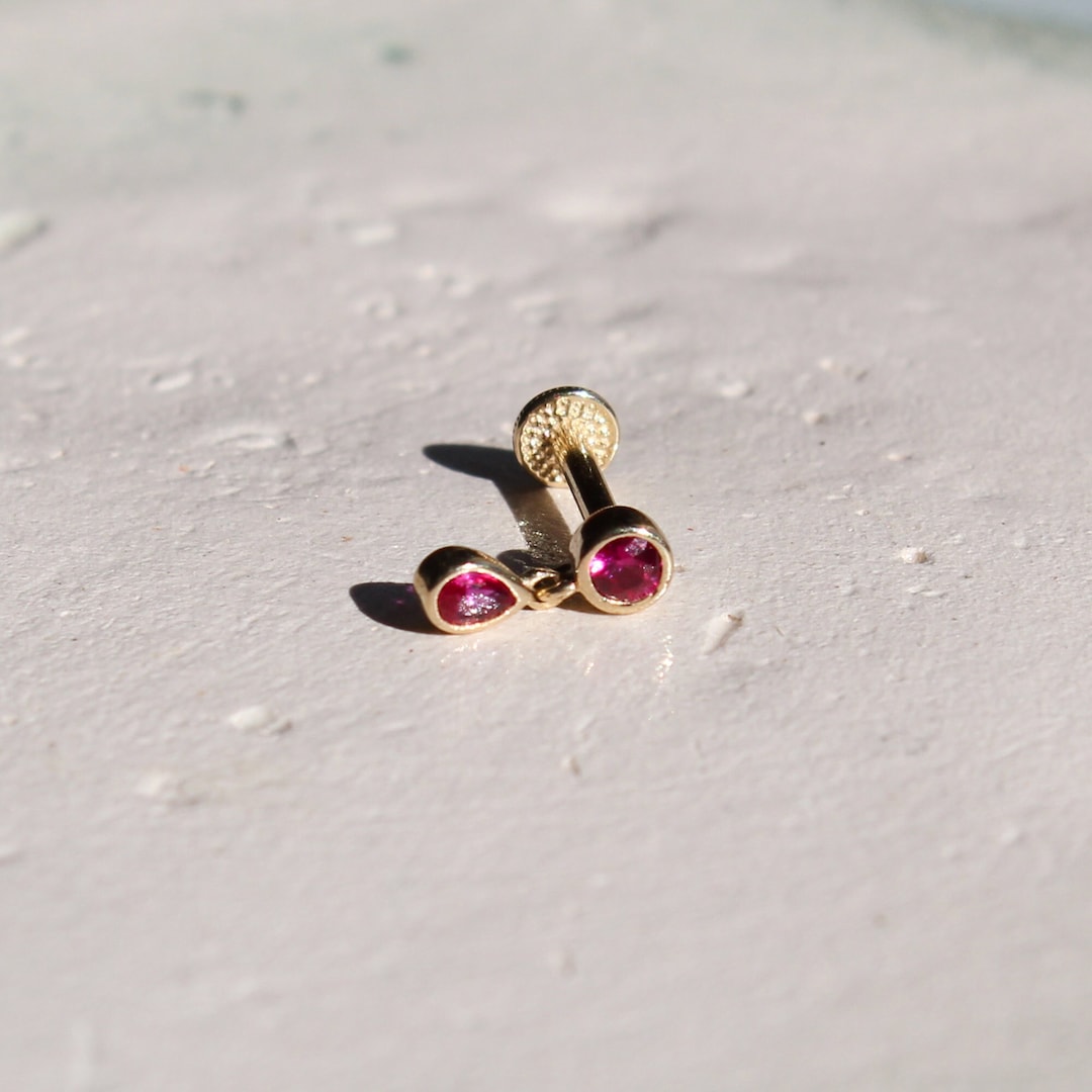 14K Gold Ruby CZ Dangle Piercing Stud – Tragus Helix Earring - Etsy