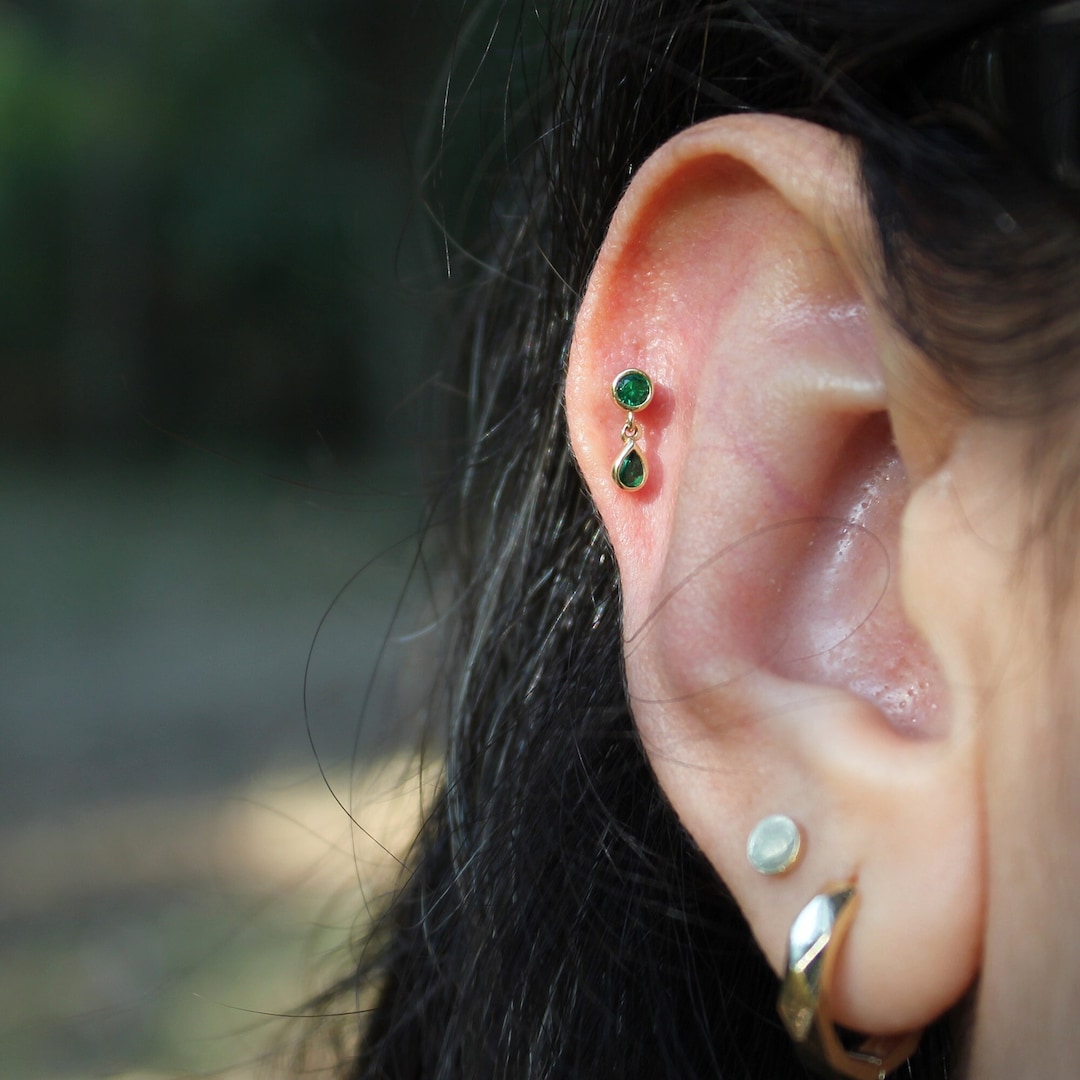 Emerald (CZ) Dangle Labret - 14K Gold Dangle Piercing Stud, Flat Back ...