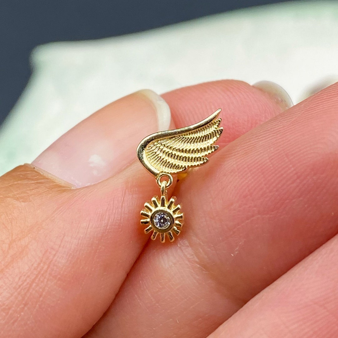 Angel Wing Dangle Piercing - 14K Real Gold Piercing - Flat Dangle ...