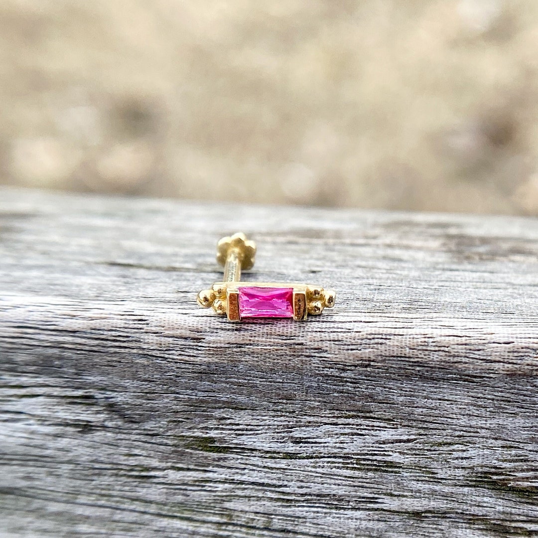 Siva Stud Piercing - Beaded Ruby (CZ) Flat Back Piercing, 14K Real Gold ...