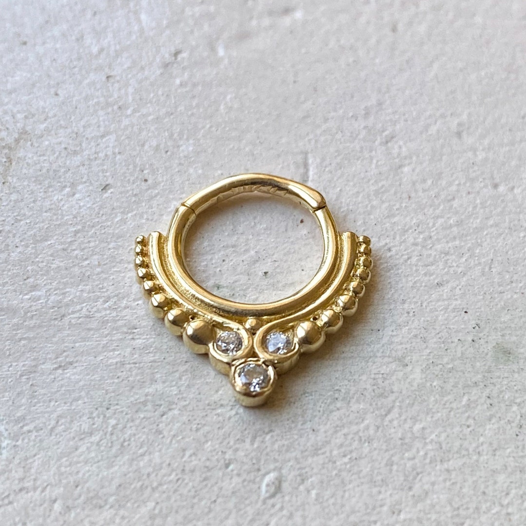 14K Gold Septum Ring – Beads Cluster Hinge Hoop, Daith Piercing - Etsy