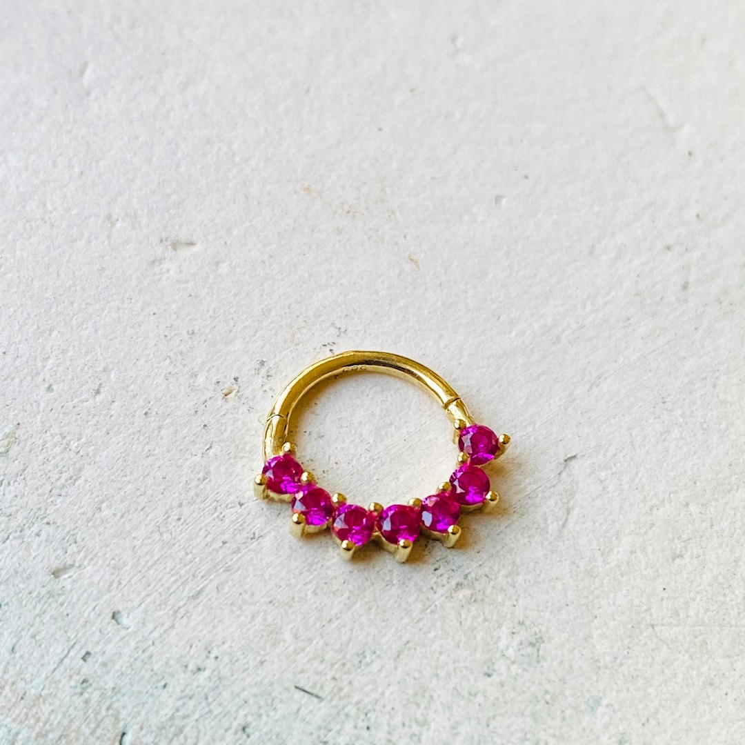 Ruby (CZ) Prong Setting Hinge Hoop Piercing - 14K Real Gold Hinge ...