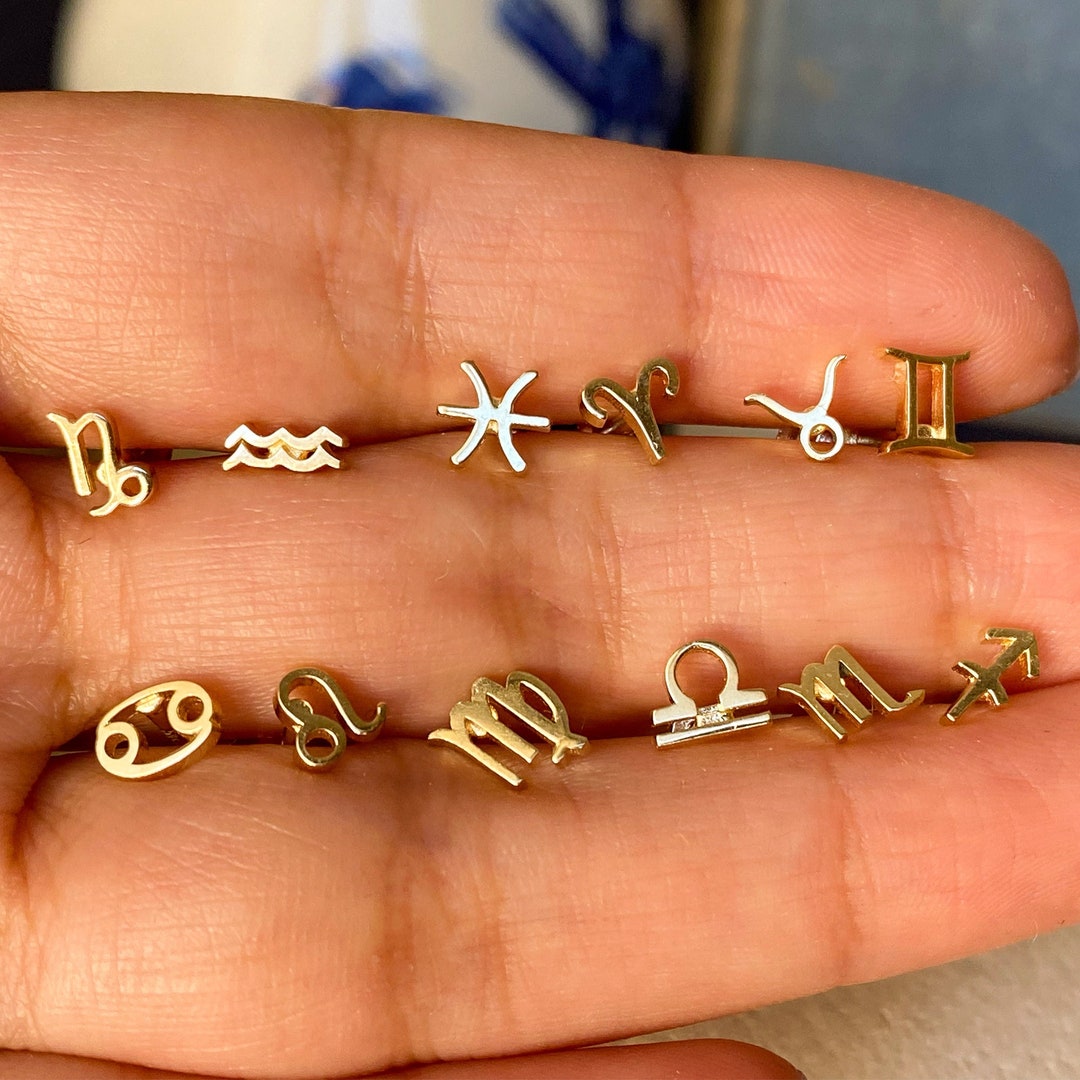 ZODIAC SIGN PIERCING- 14K Real Gold Zodiac Sign Stud Cartilage Earring ...