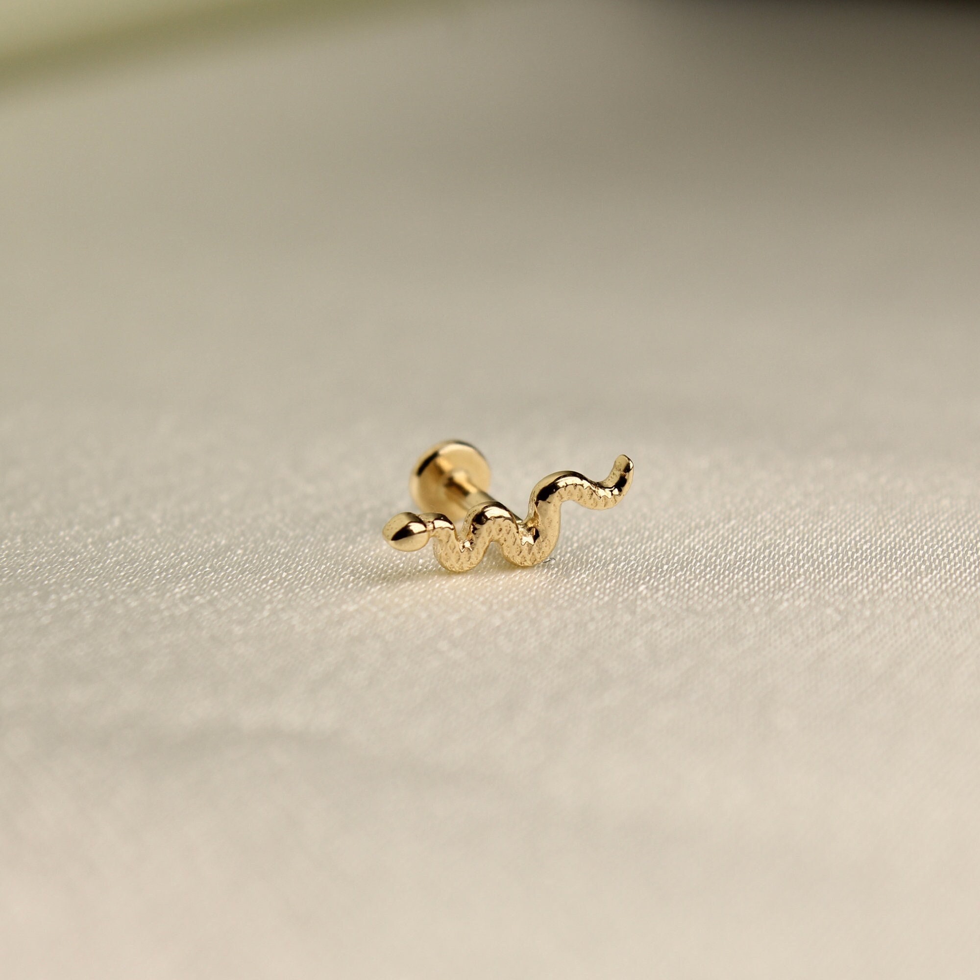Delicate Snake Flat Back Earring, 14K Gold Tiny Snake Stud Piercing ...