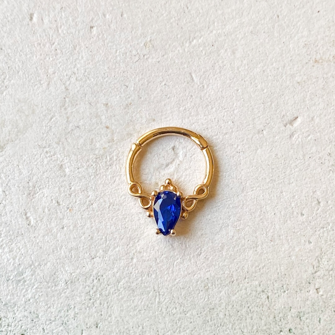 14K Gold Teardrop Sapphire Piercing Hinged Hoop – Helix, Daith, Septum ...