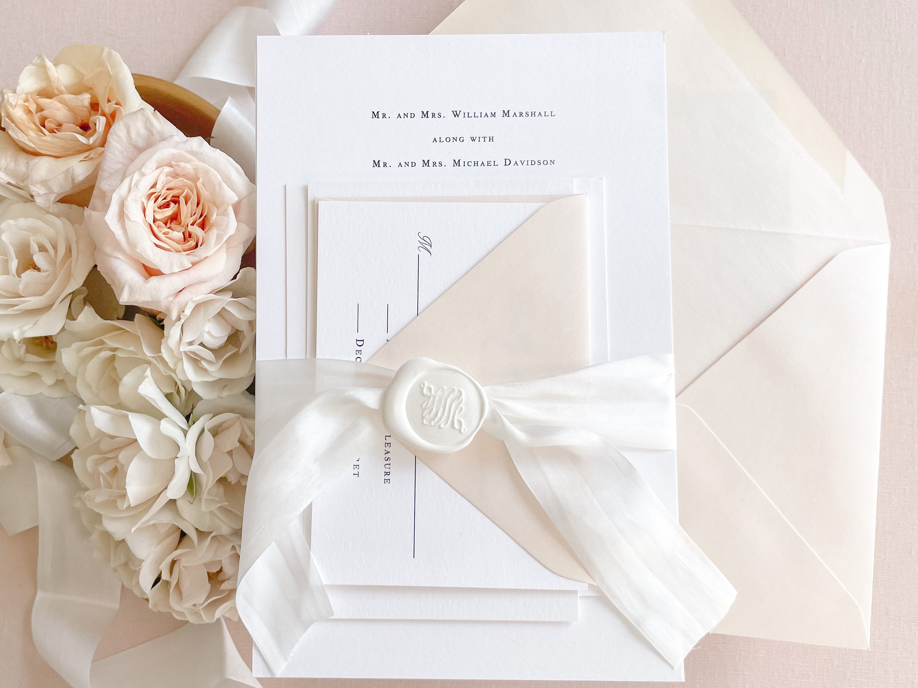Elegant Wedding Invitations With White Silk Ribbon, White Wax Seal, and ...