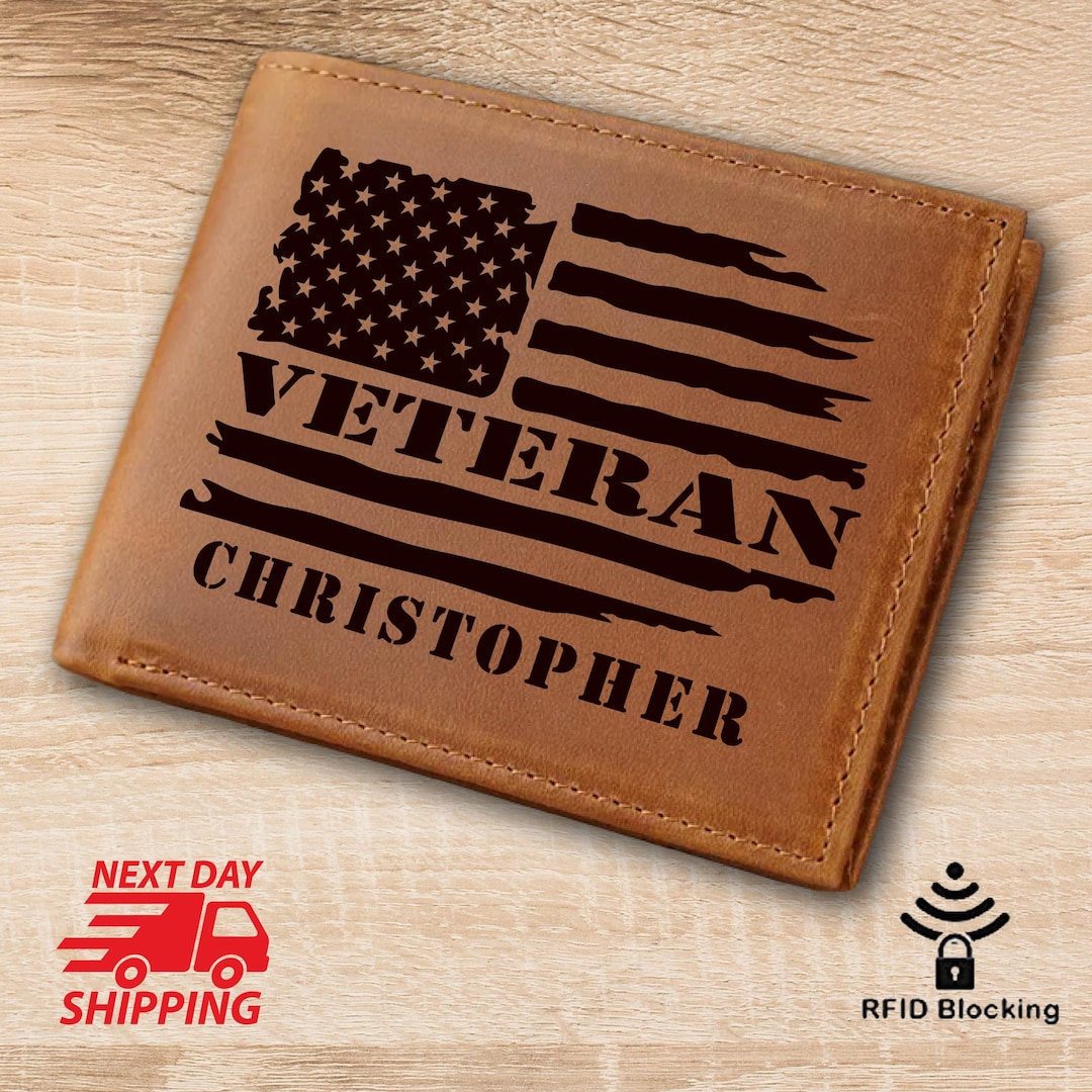 Personalized Veteran Leather Wallet: American Flag Engraved, RFID ...