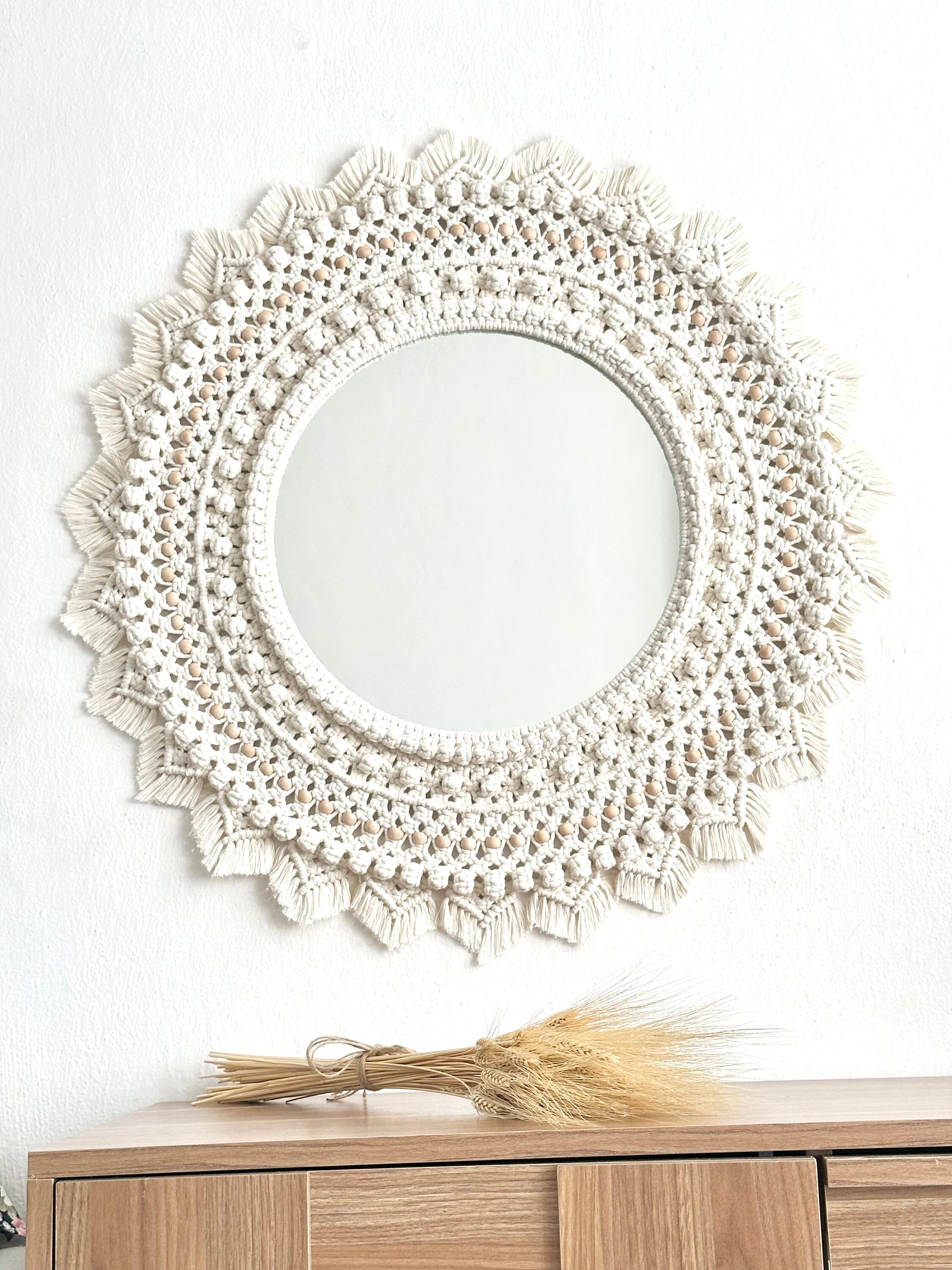 Wall Macrame Mirror Round Macrame Decor White Wall Hangings Macrame ...