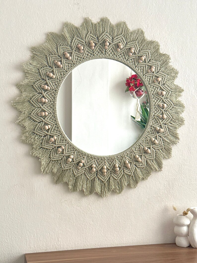 Mint Green Macrame Mirror, Beaded Boho Wall Decor - Etsy
