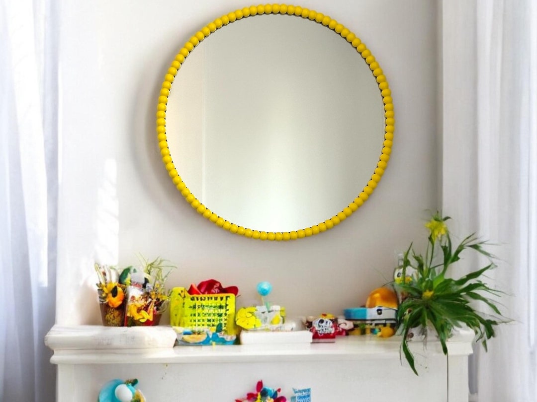 Large Wooden Mirror, Yellow Round Wall Hanging Mirror, Boho Kids Room ...