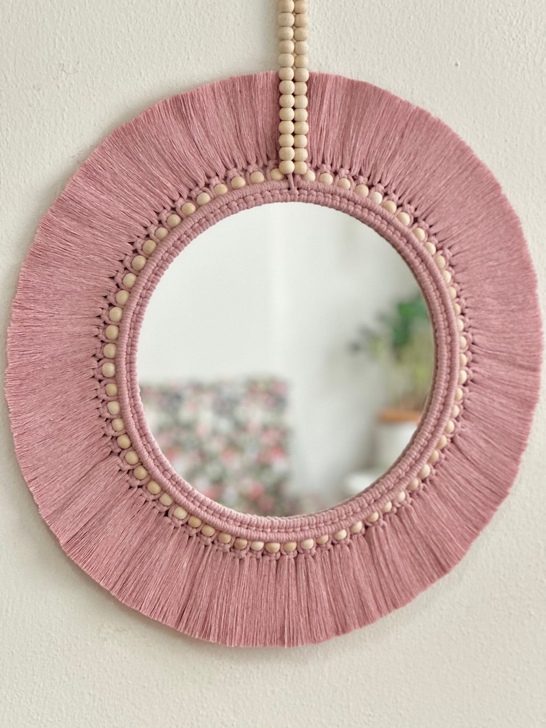 Large Macrame Mirror, Beaded Round Mirror, Kids Room Decor, Pink Mirror ...