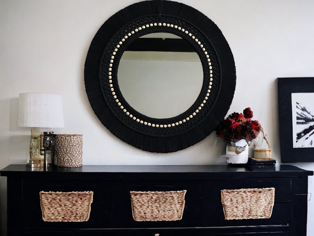 Black Macrame Mirror, Living Room Decor, Bohemian Home Decor, Mandala ...