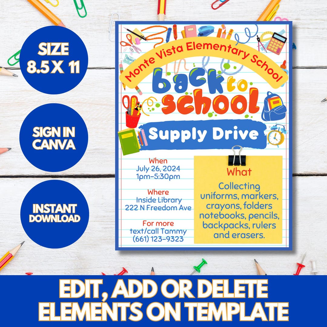Editable School Supply Drive Flyer, Back to School Invite, School ...
